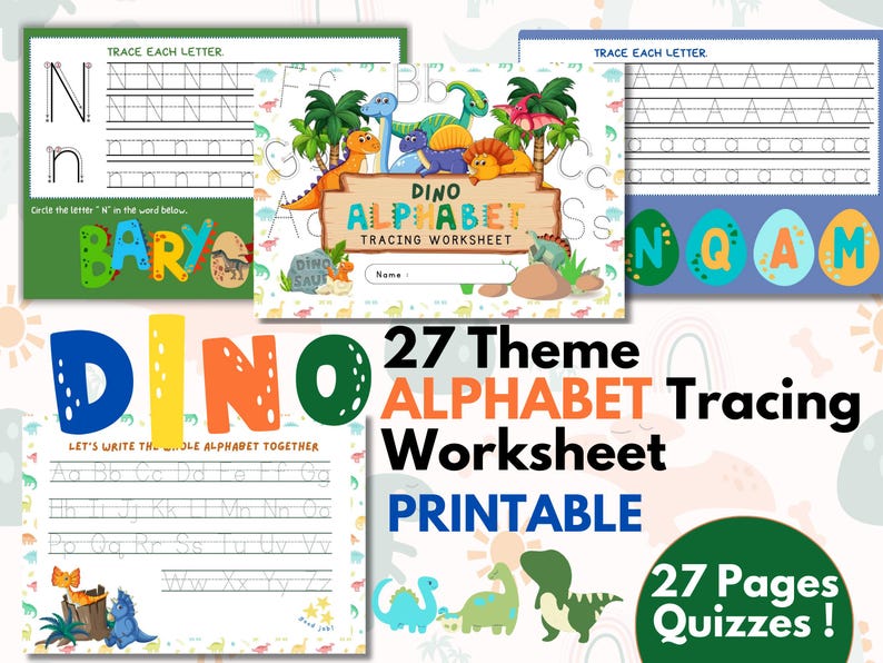 27 Page Dinosaur Theme Alphabet Tracing Worksheets, Quizzes ABC ...