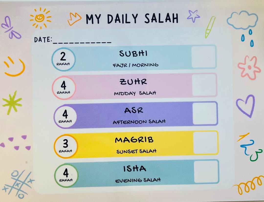 Kids Daily Prayer or Salah Chart, Muslim Daily Prayers - Etsy