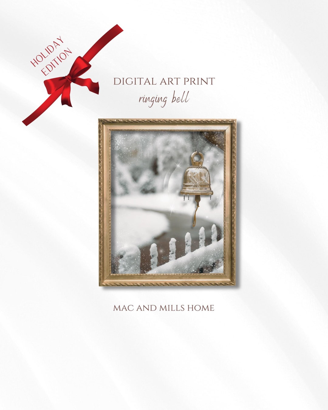 Vintage Christmas Bell Wall Art | Snowy Winter Bells & Foliage Digital ...