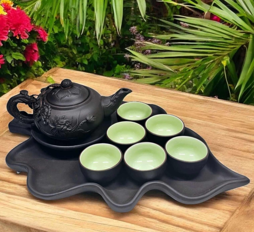 Lotus Flower Black Teapot Set | 1 Teapot, 1 Saucer, 6 Emerald Green ...