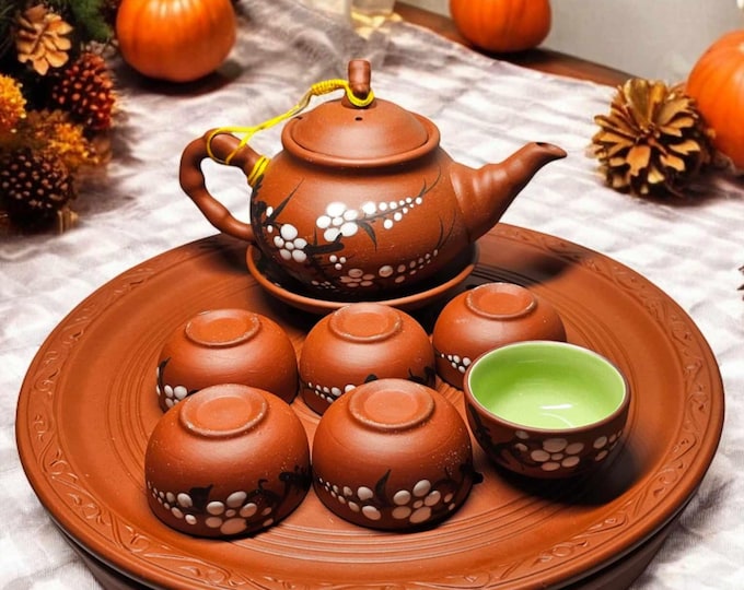 Peach Blossom Terracotta Teapot Set | Contains 1 Teapot, 6 Cups, 1 ...