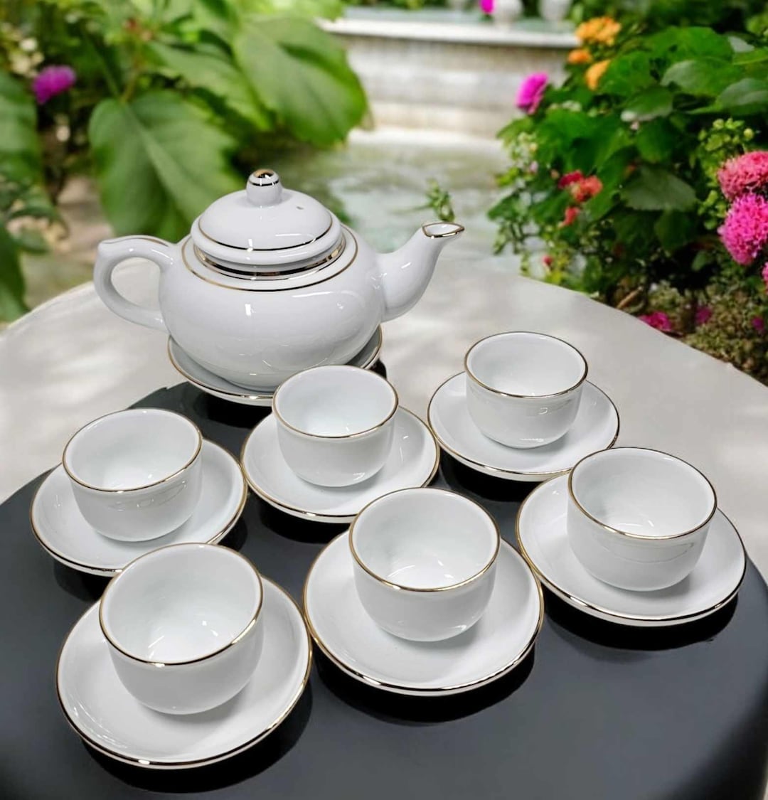 Elegant White Teapot Set: Gold Trim, 7 Cups & Saucers - Etsy