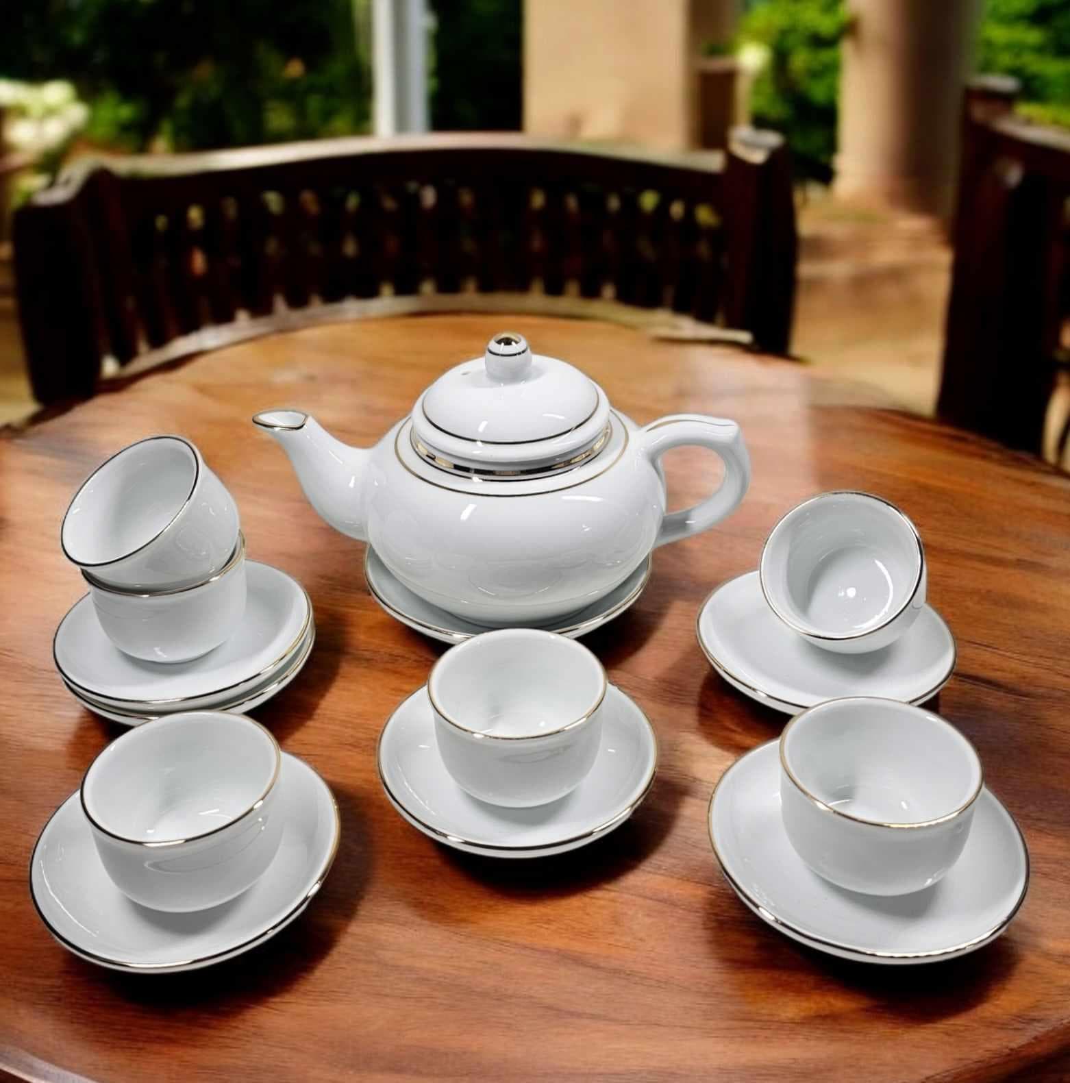 Elegant White Teapot Set: Gold Trim, 7 Cups & Saucers - Etsy