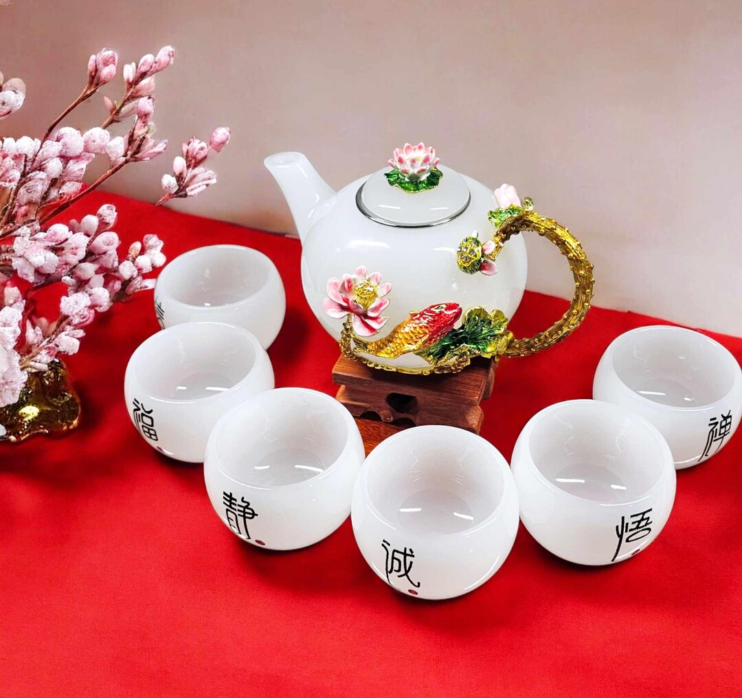 White Agate Tea Set: Koi Fish Lotus Design - Teapot, Cups, Wooden Base ...