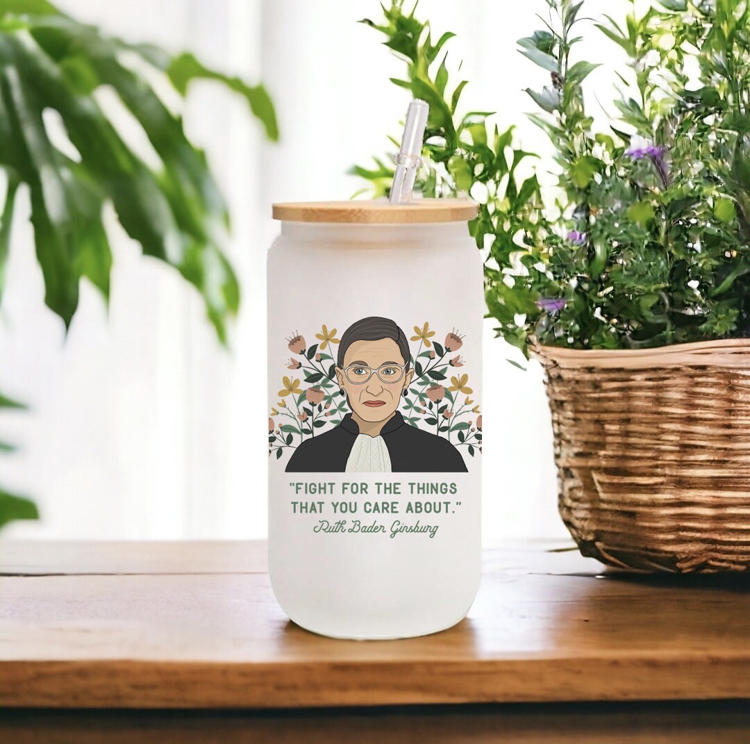 Glass Can With Lid and Straw, RBG, Feminism, Feminist, Iced Coffee ...