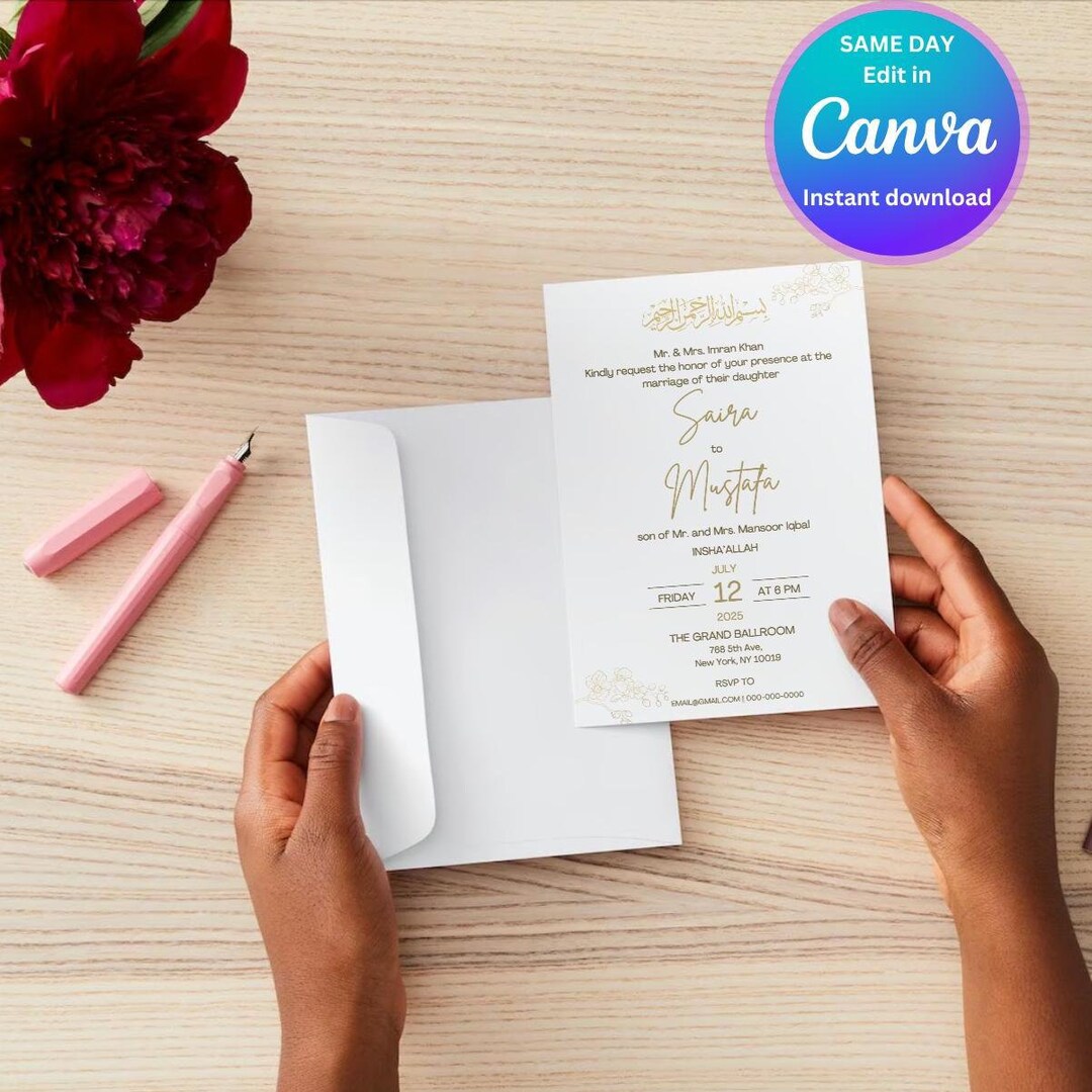 EDITABLE Islamic Regal Gold Floral Wedding Invitation Walima Wedding ...