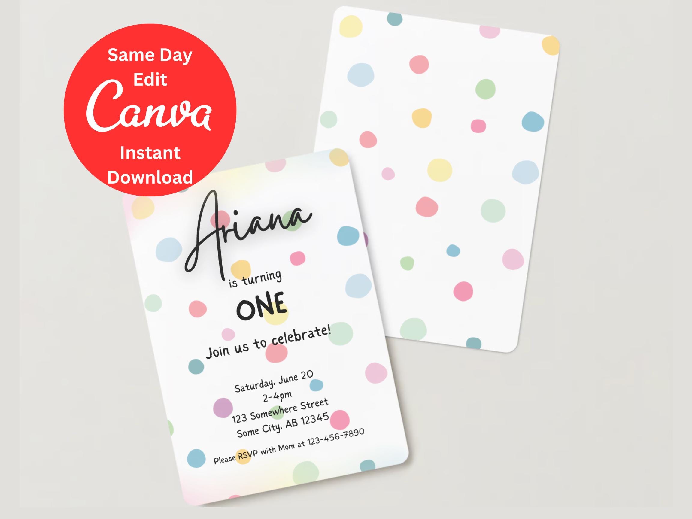 EDITABLE Rainbow Polka Dot Birthday Invitation Theme Spots Gender ...