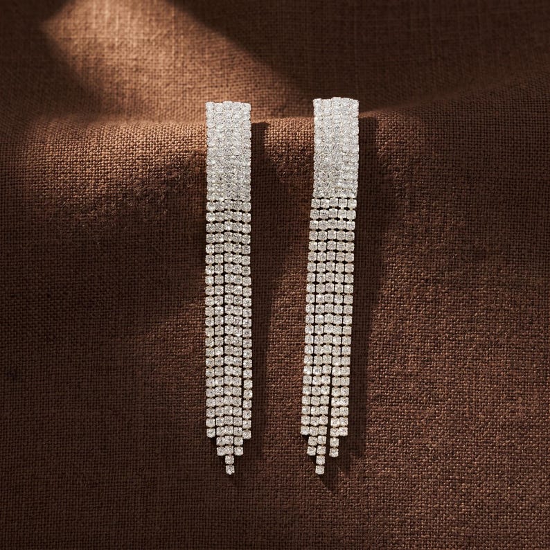 Rhinestone Waterfall Tassel Dangle Earrings | Long Silver Fringe ...