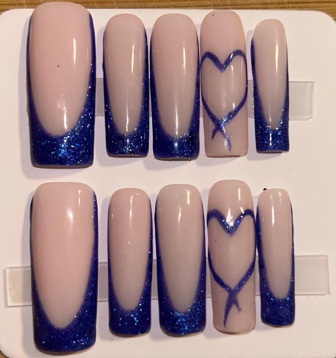 Long Square Glitter Blue French Tip Nails With a Heart - Etsy