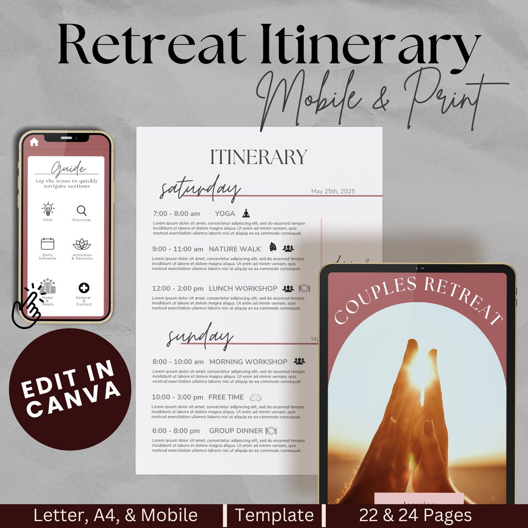Couples Editable & Mobile Retreat Itinerary Canva Template | 22-page ...