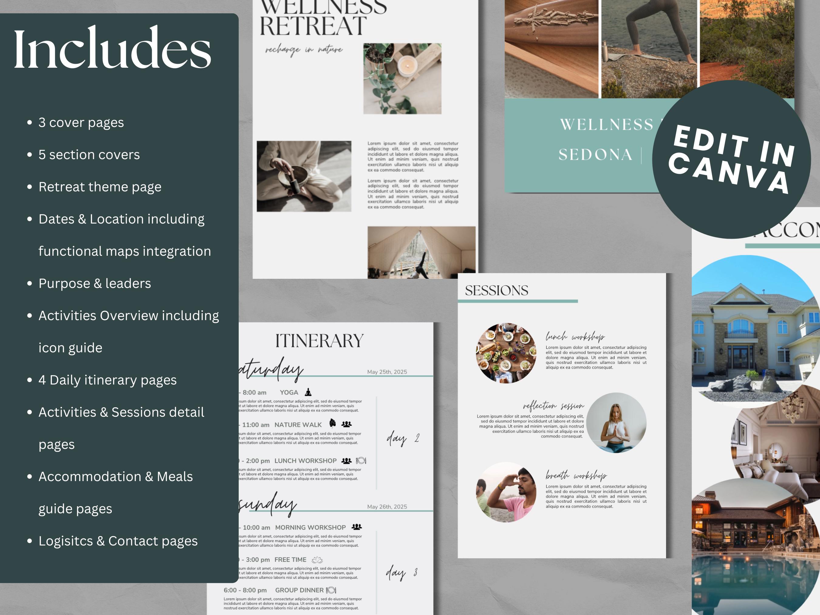Editable Wellness Retreat Itinerary Template for Canva | 22-page ...