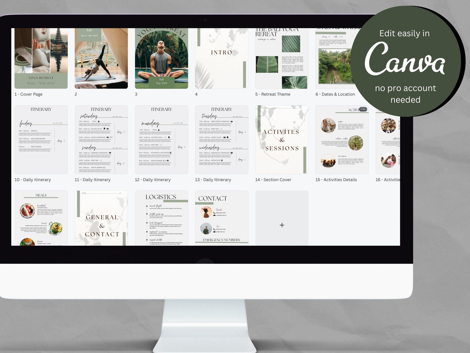 Editable Retreat Itinerary Template for Canva | 22-page Neutral Green ...