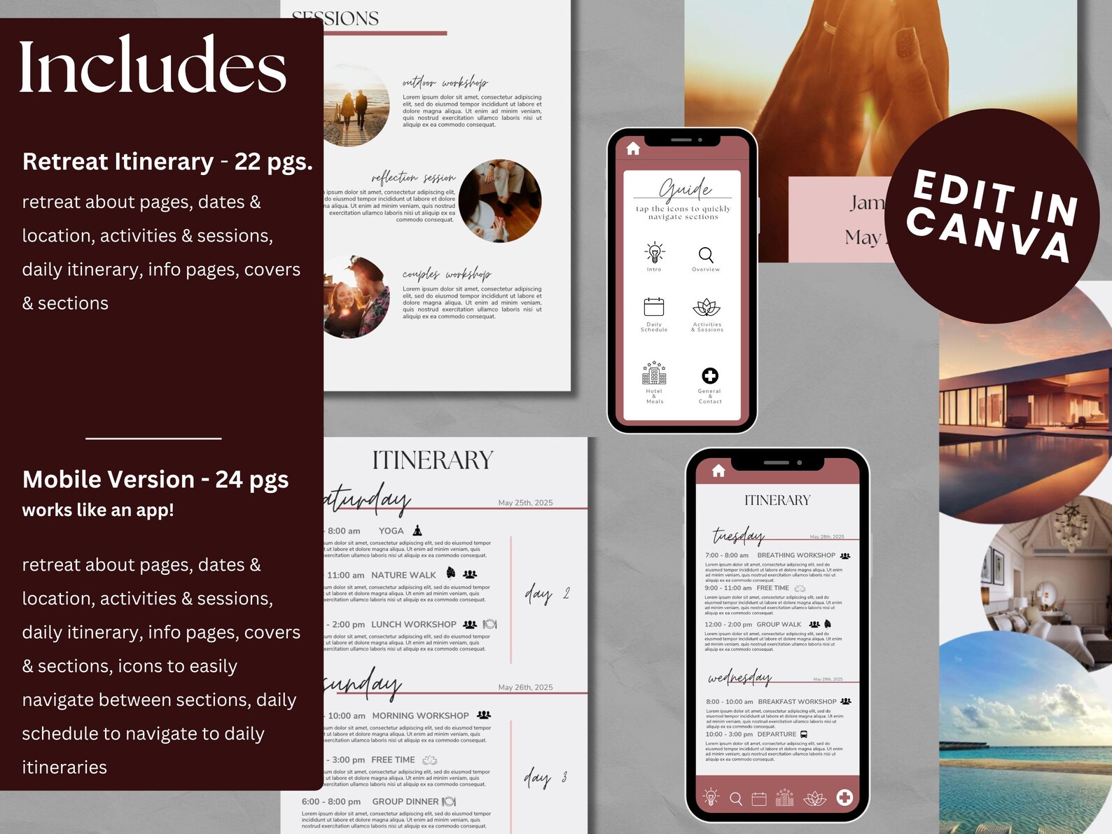 Couples Editable & Mobile Retreat Itinerary Canva Template | 22-page ...