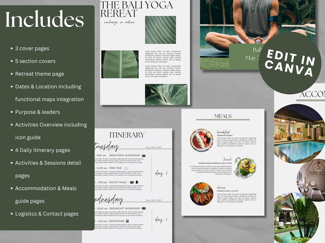 Editable Retreat Itinerary Template for Canva | 22-page Neutral Green ...