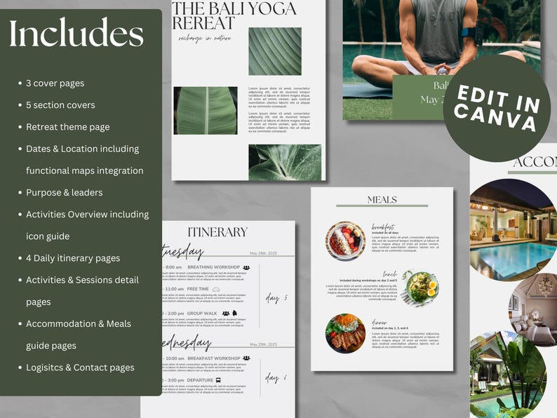 Editable Retreat Itinerary Template for Canva | 22-page Neutral Green ...