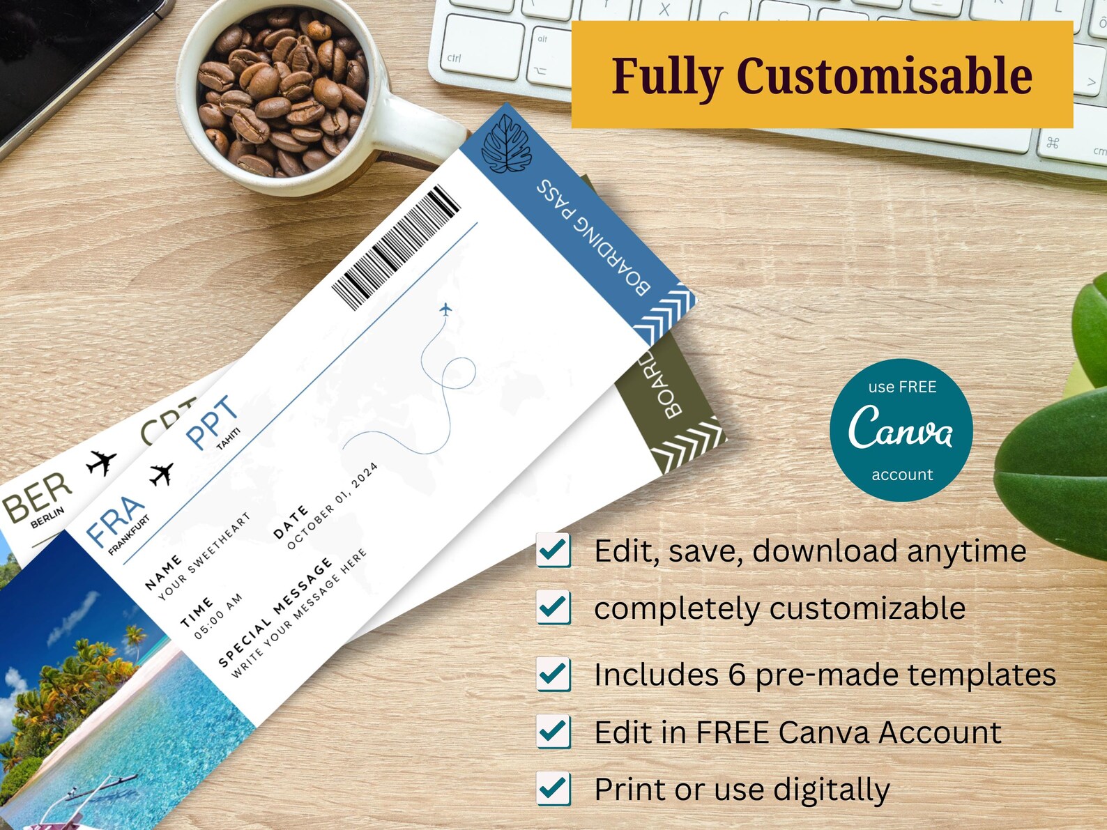 Editable Boarding Pass Canva Template | 6 Customizable Digital ...