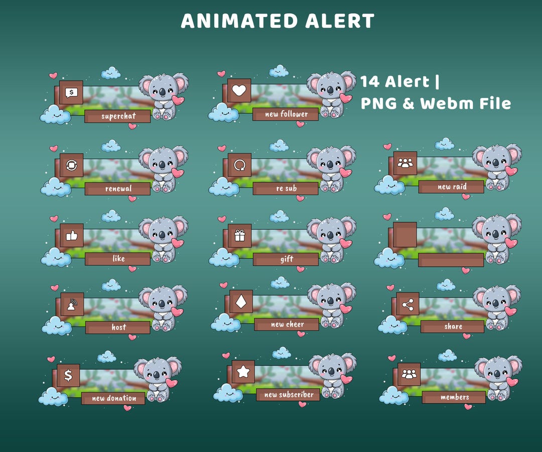 Cute Animal Illustration Animated Alert Twitch Overlay Package, Green ...