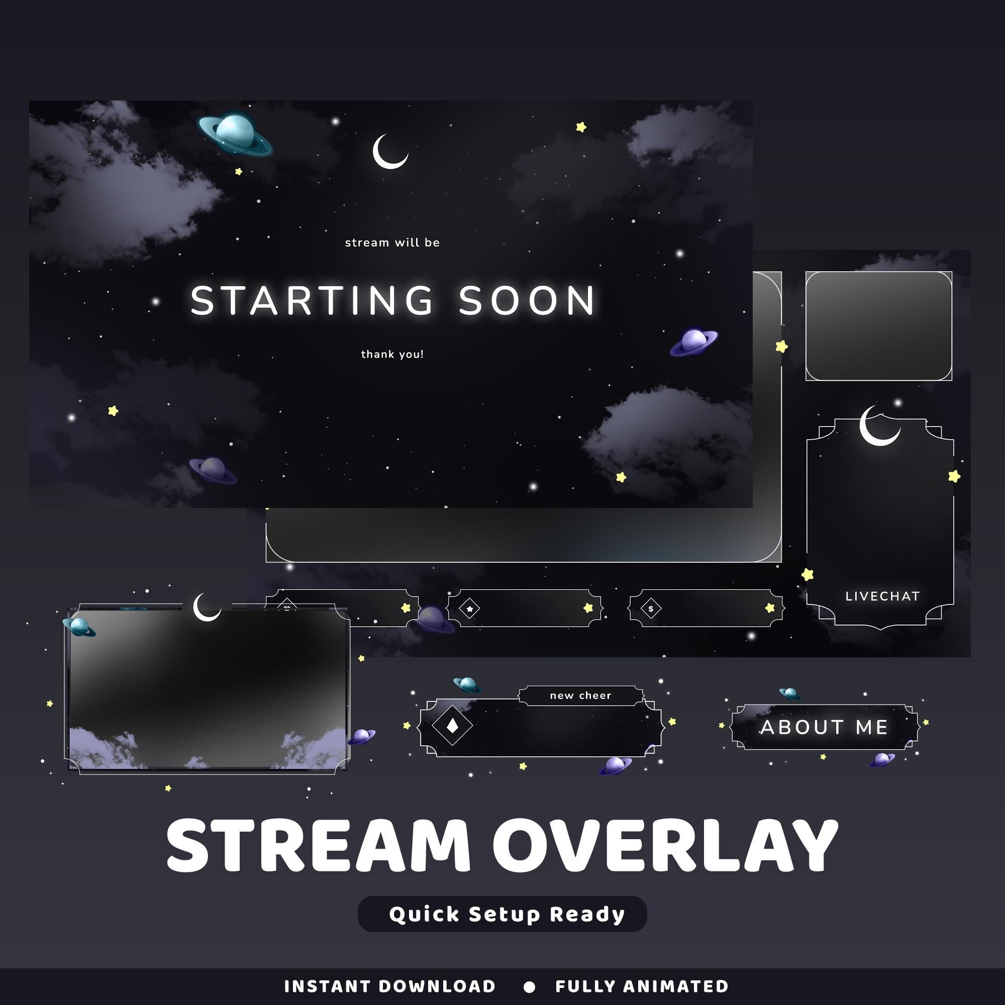 Moonlit Rings Animated Twitch Overlay Package, Night Sky Overlay, Cute ...