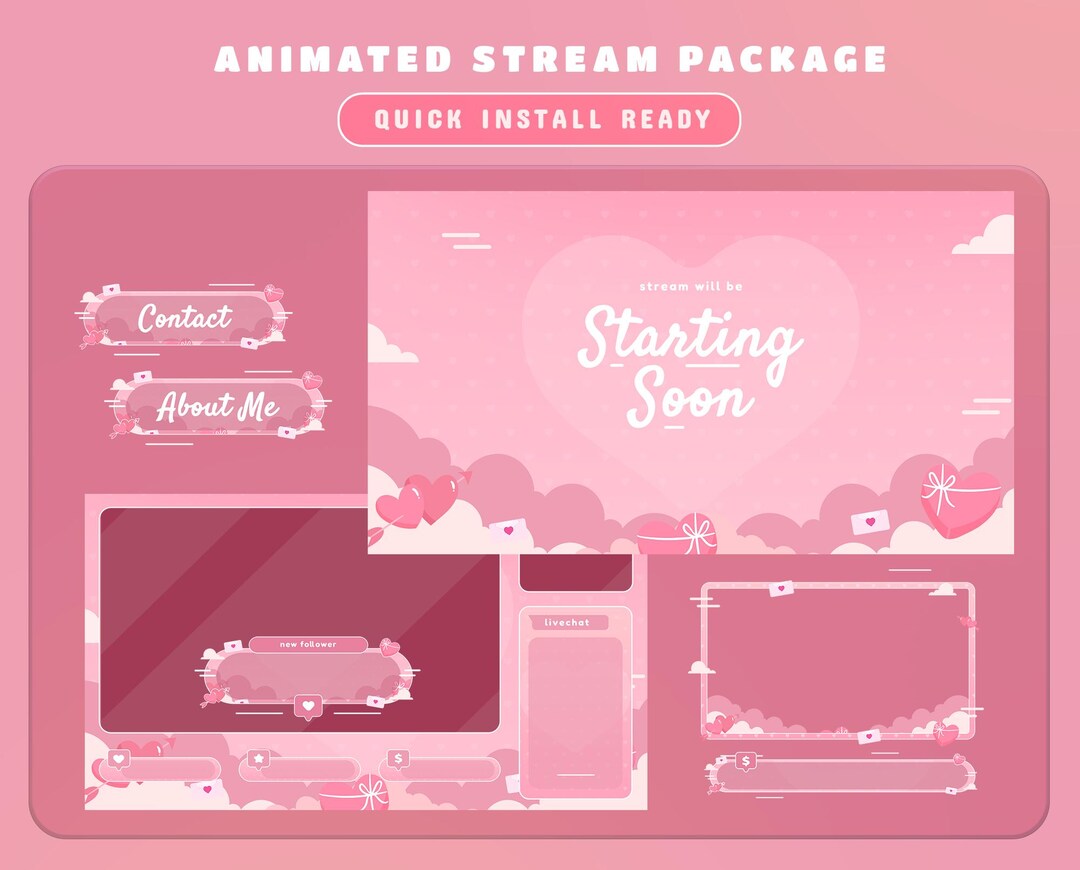 Blush of Love Animated Twitch Overlay Package, Valentine Special Stream ...