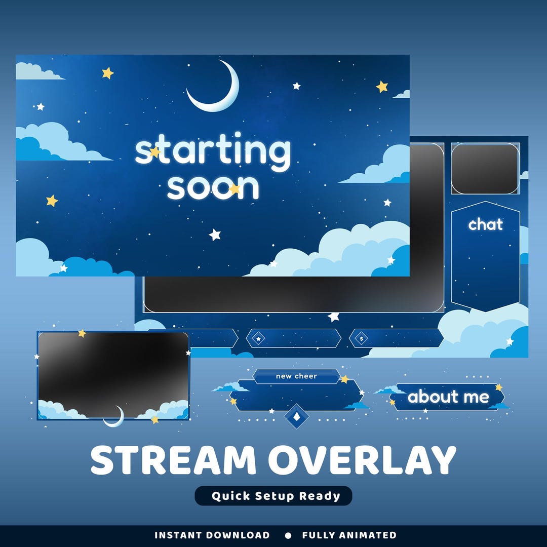 Crescent Night Animated Twitch Overlay Package, Night Sky Overlay, Moon ...