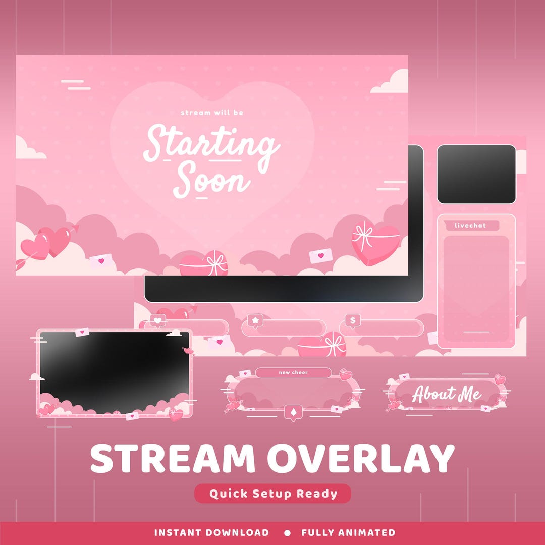 Blush of Love Animated Twitch Overlay Package, Valentine Special Stream ...