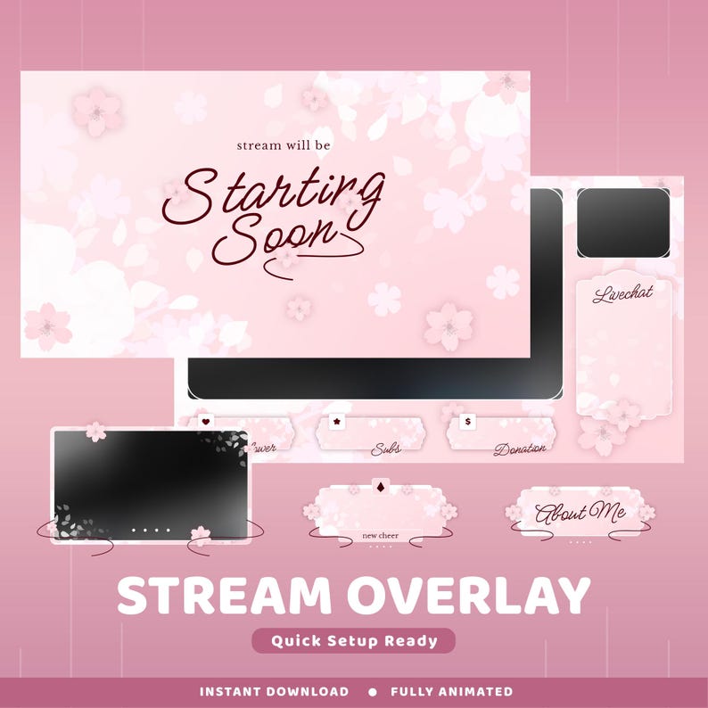 Rosy Drift Animated Twitch Overlay Package, Pink Aesthetic Twitch ...