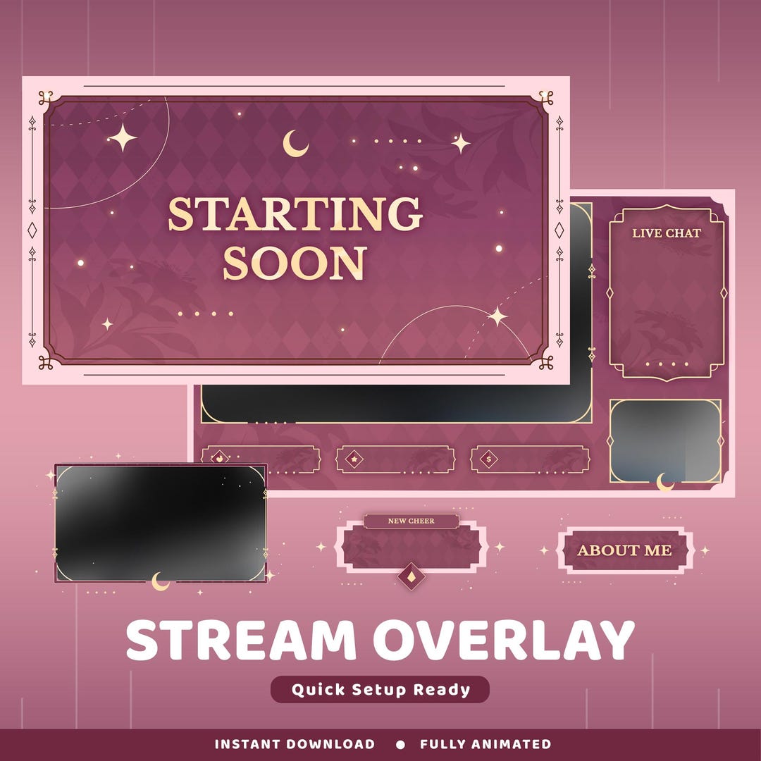 Floral Grace Animated Twitch Overlay Package, Animation Celestial, Pink ...
