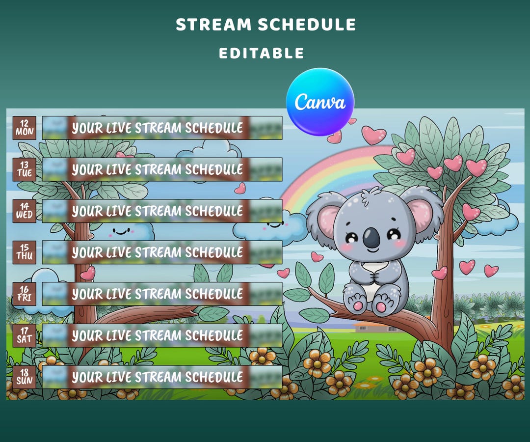 Cute Animal Illustration Stream Schedule Overlay Package, Cute Koala ...