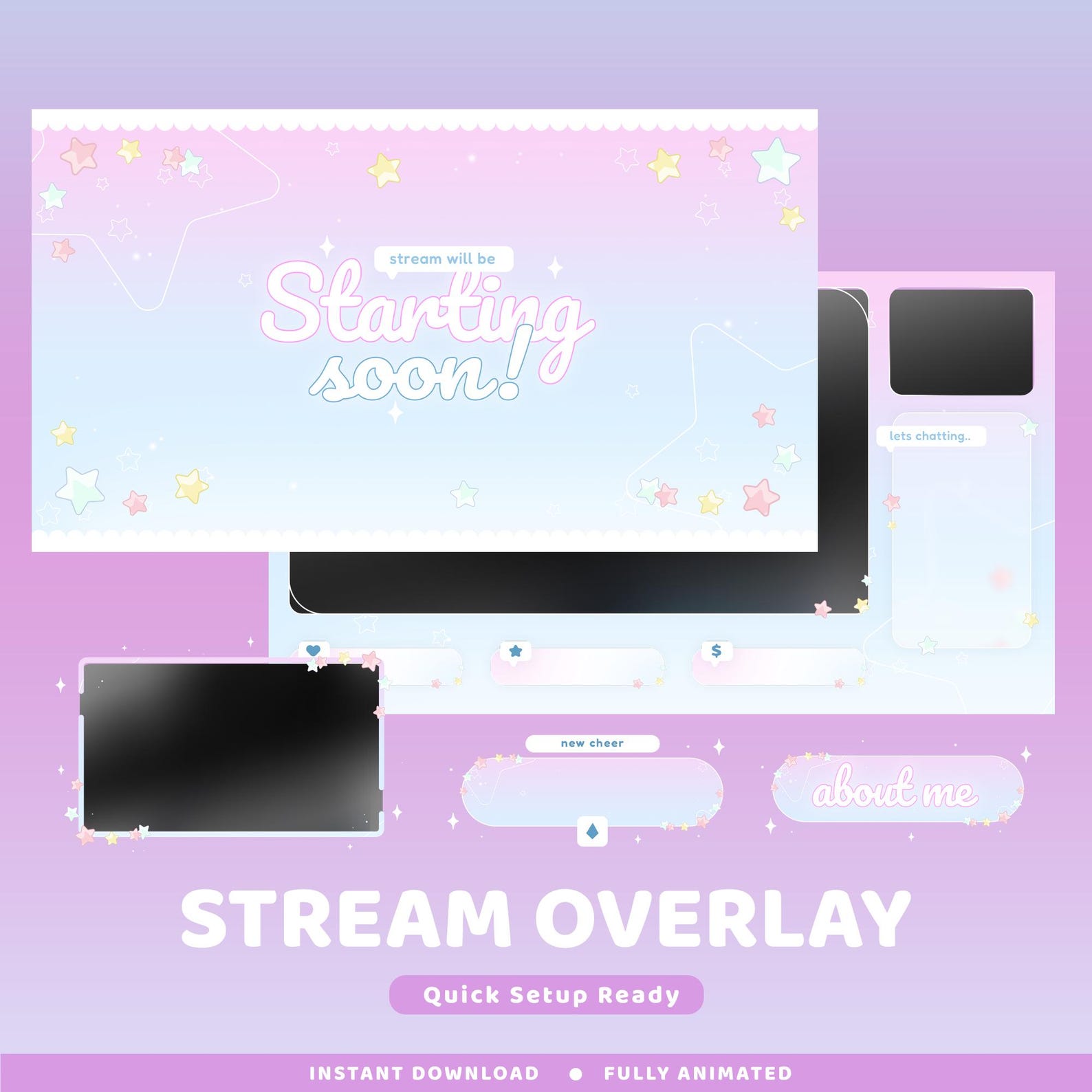 Bubble Star Animated Twitch Overlay Package, Pink Blue Overlay, Cute ...