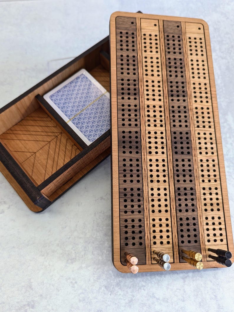 Handcrafted Wooden Cribbage Board | 4 Track | Card & Peg Storage | Game ...