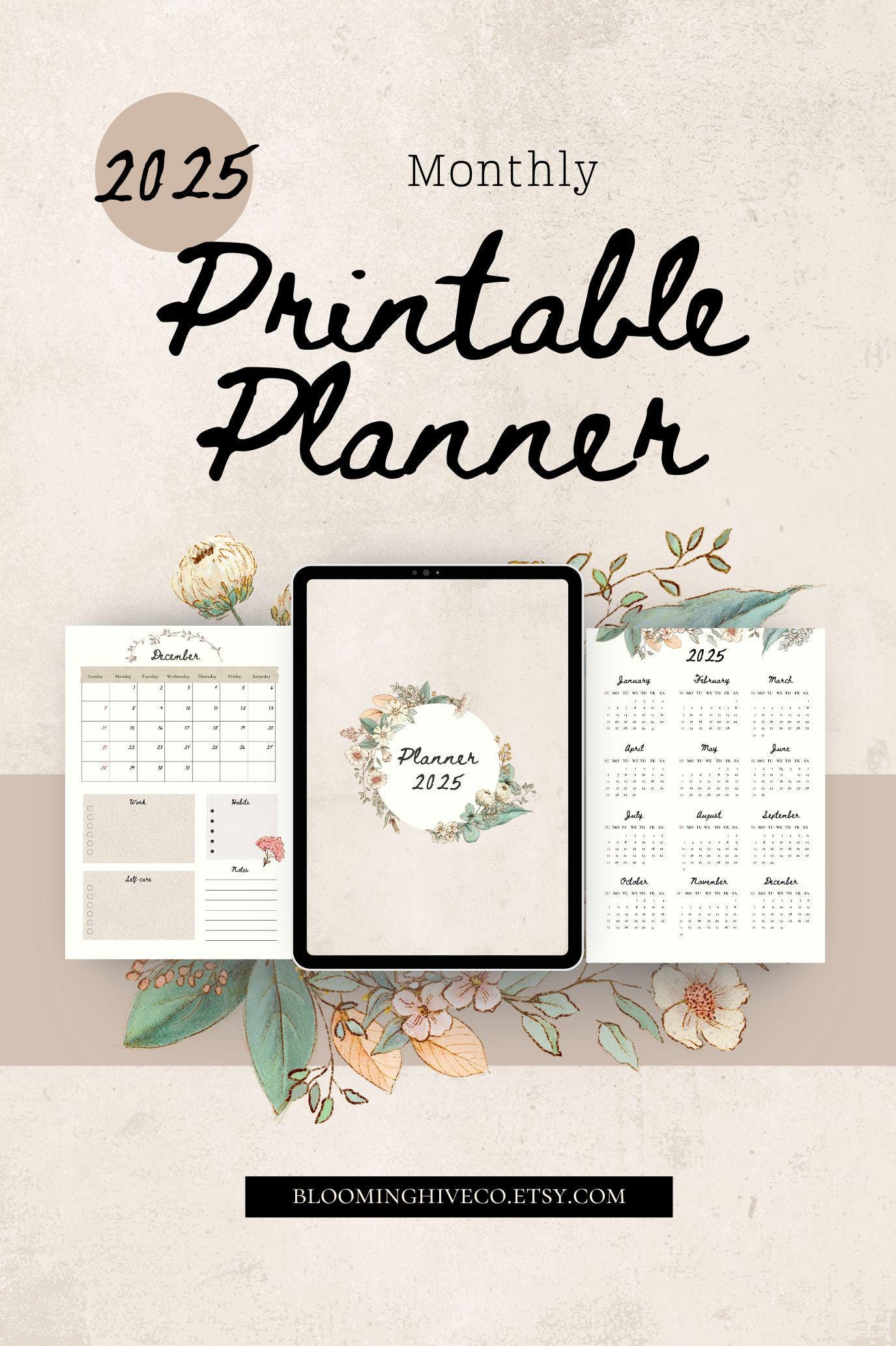 Floral Monthly 2025 Planner - Elegant Printable Calendar & Goal Tracker ...