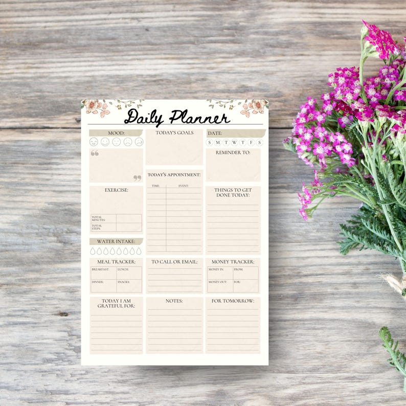 Floral Daily Planner, Printable and Digital Day Organizer, Mood & Task ...