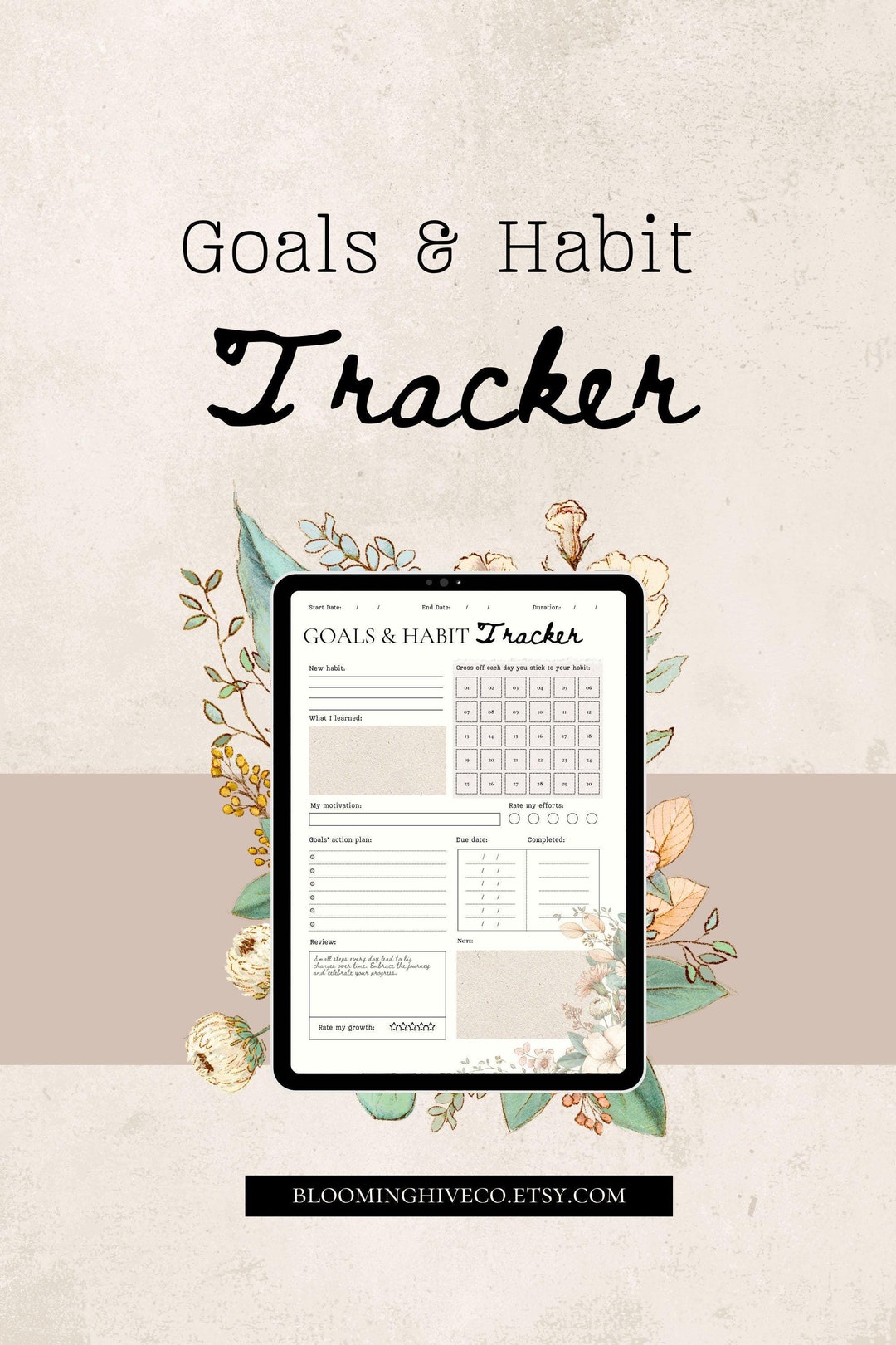 Floral Goals and Habit Tracker, Printable and Digital Goal Planner ...