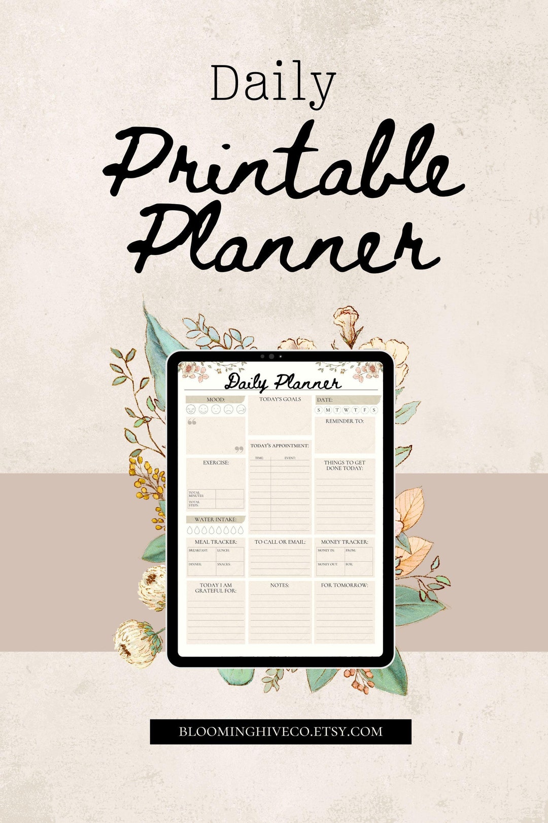 Floral Daily Planner, Printable and Digital Day Organizer, Mood & Task ...
