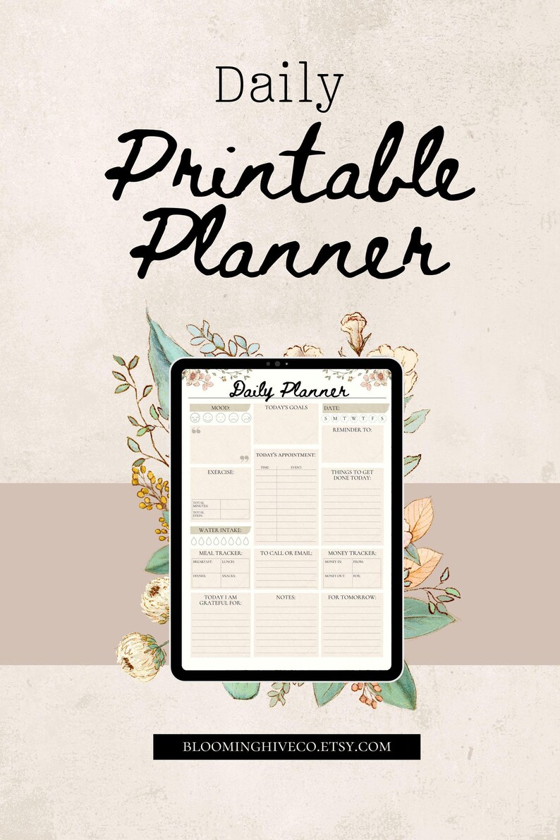 Floral Daily Planner, Printable and Digital Day Organizer, Mood & Task ...
