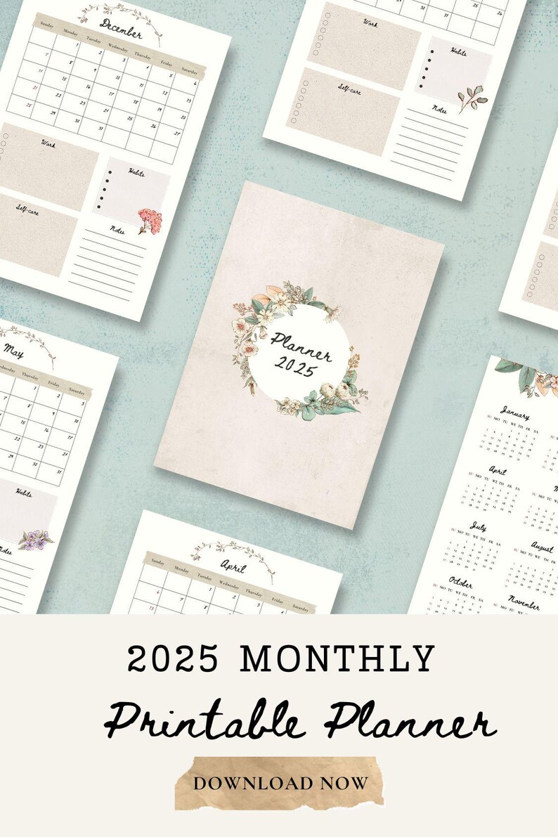 Floral Monthly 2025 Planner - Elegant Printable Calendar & Goal Tracker ...