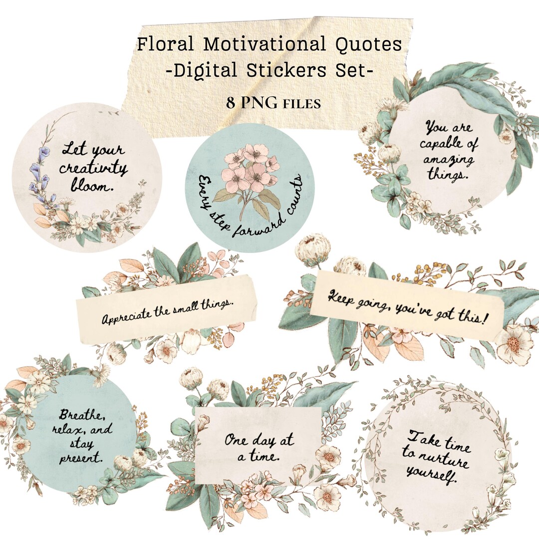 Floral Motivational Quotes Stickers Set, 8 PNG Digital Inspiration for ...