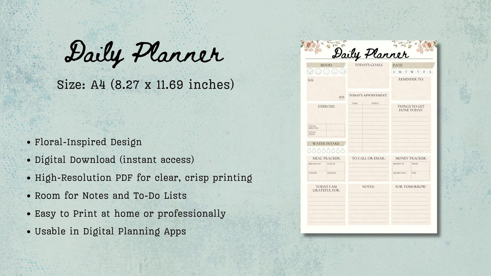 Floral Daily Planner, Printable and Digital Day Organizer, Mood & Task ...