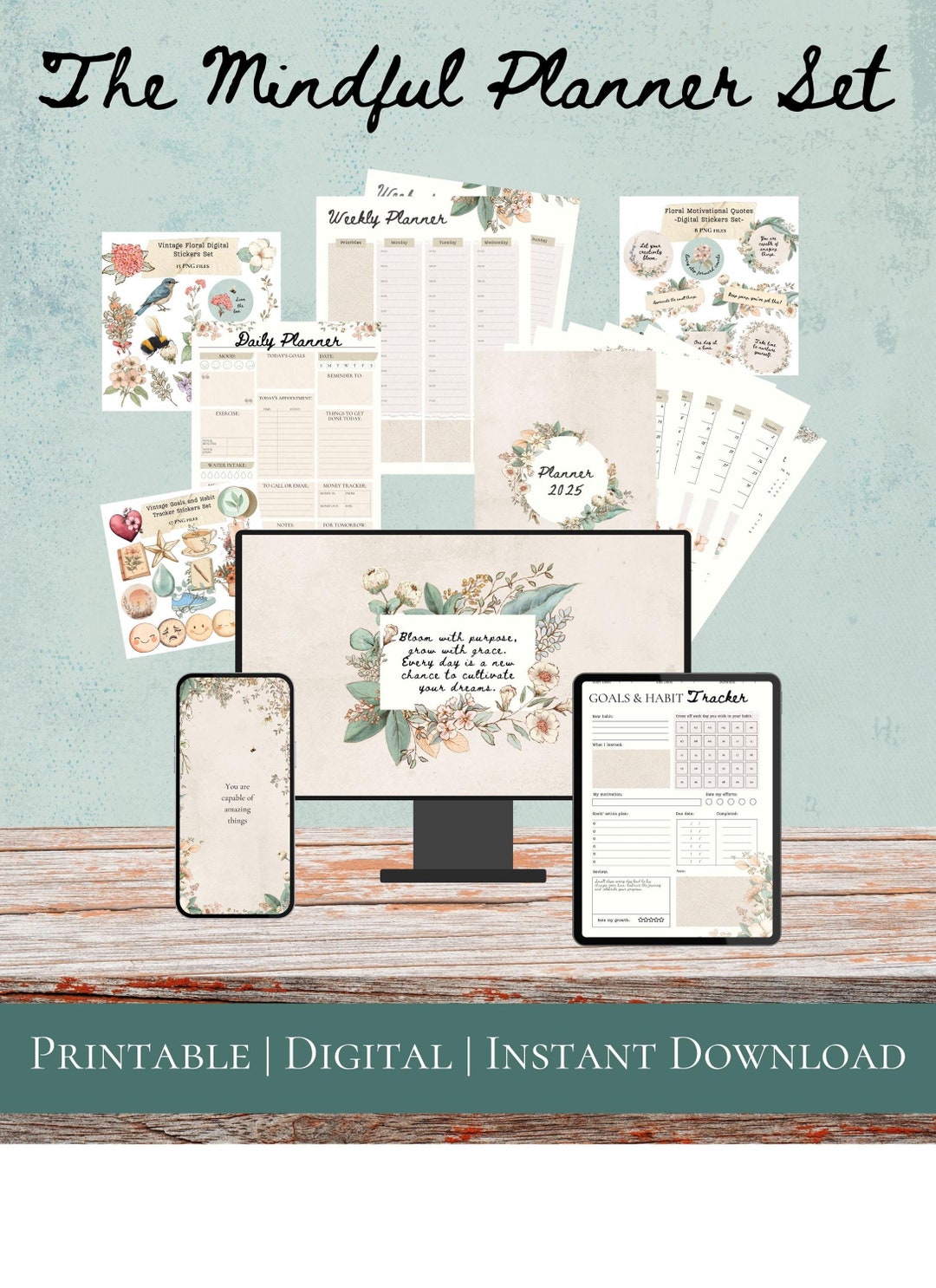 Mindful Floral Planner Bundle | Printable Daily, Weekly & Monthly ...