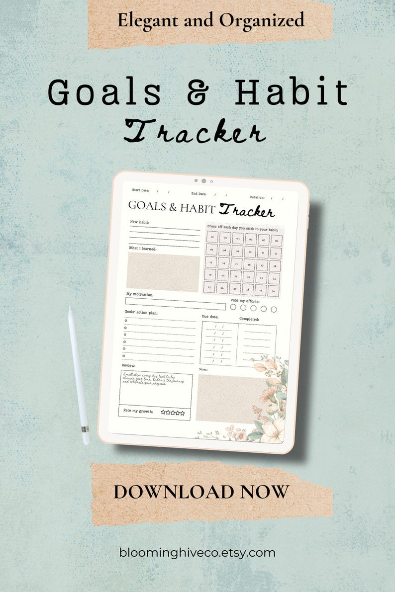 Floral Goals and Habit Tracker, Printable and Digital Goal Planner ...