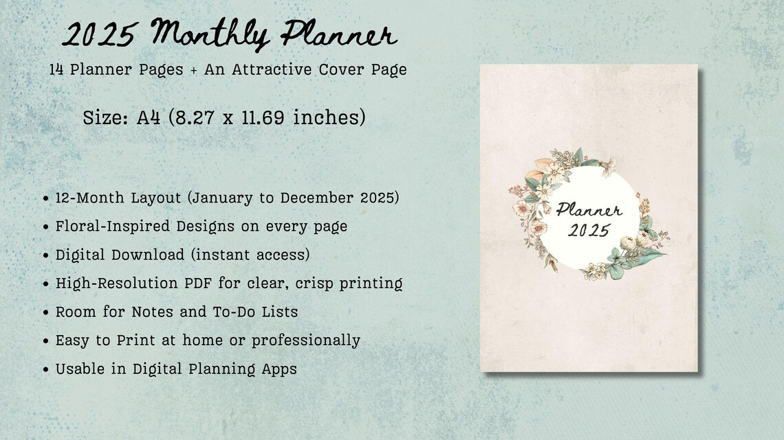 Floral Monthly 2025 Planner - Elegant Printable Calendar & Goal Tracker ...