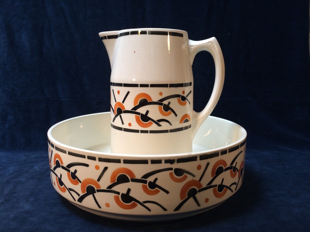 Antique French Toilet Set Water Jug and Earthenware Bowl Signed Berné ...