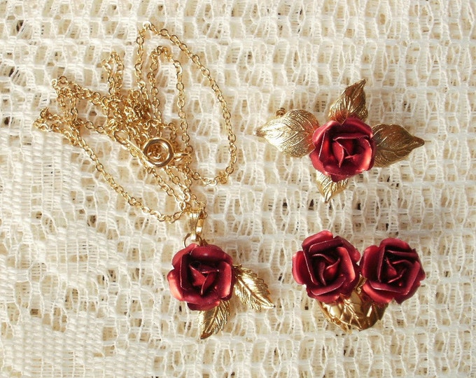 Vintage Red Rose Jewelry Set - Etsy