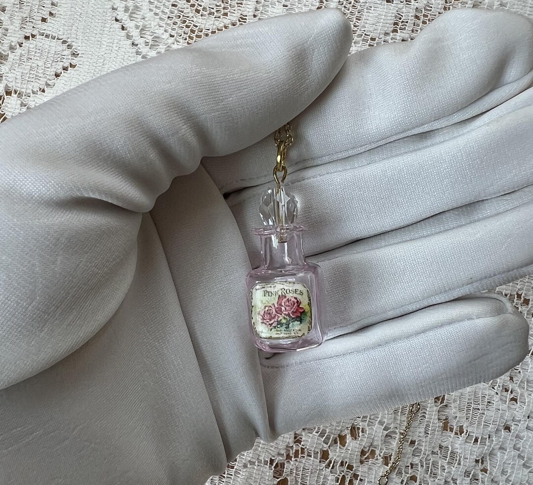 Little Light Pink Square Glass Perfume Bottle Necklace, Vintage Paper ...