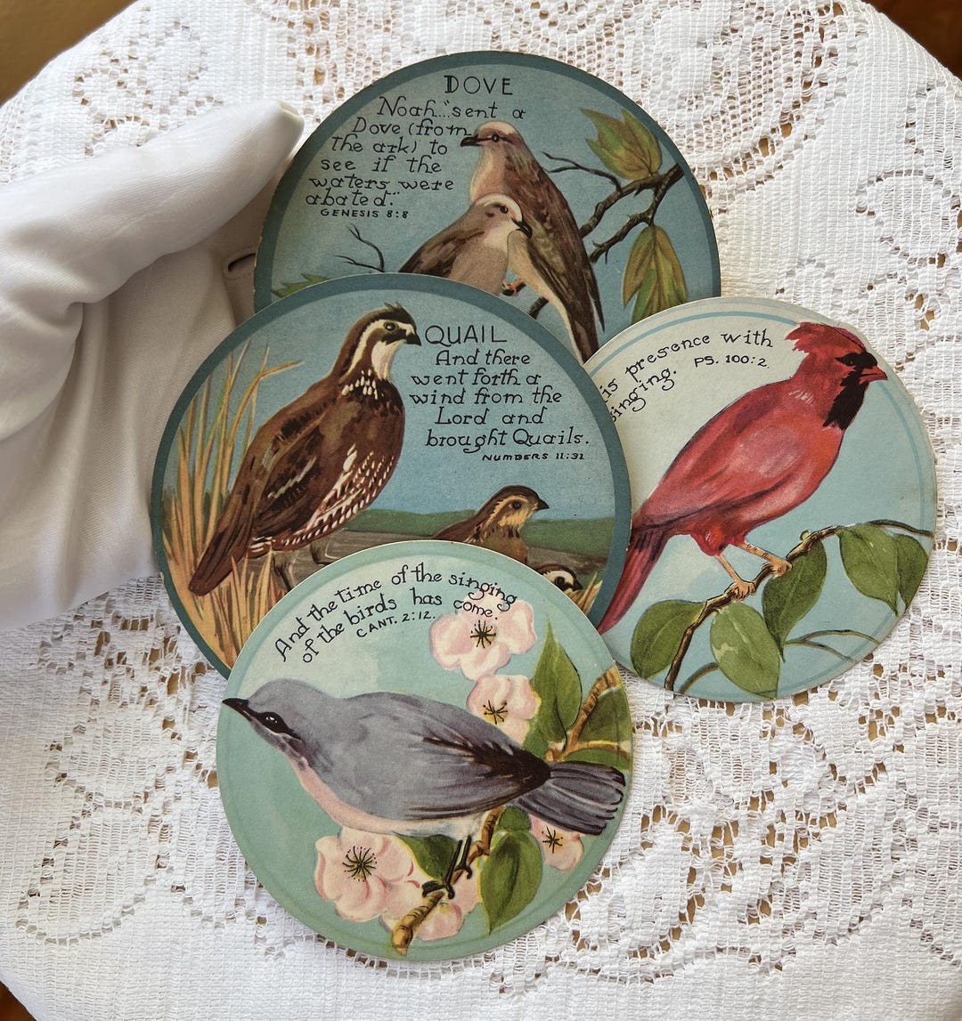 Four Vintage Lithograph Bird Themed Bible Verse Cards, Sunday School ...