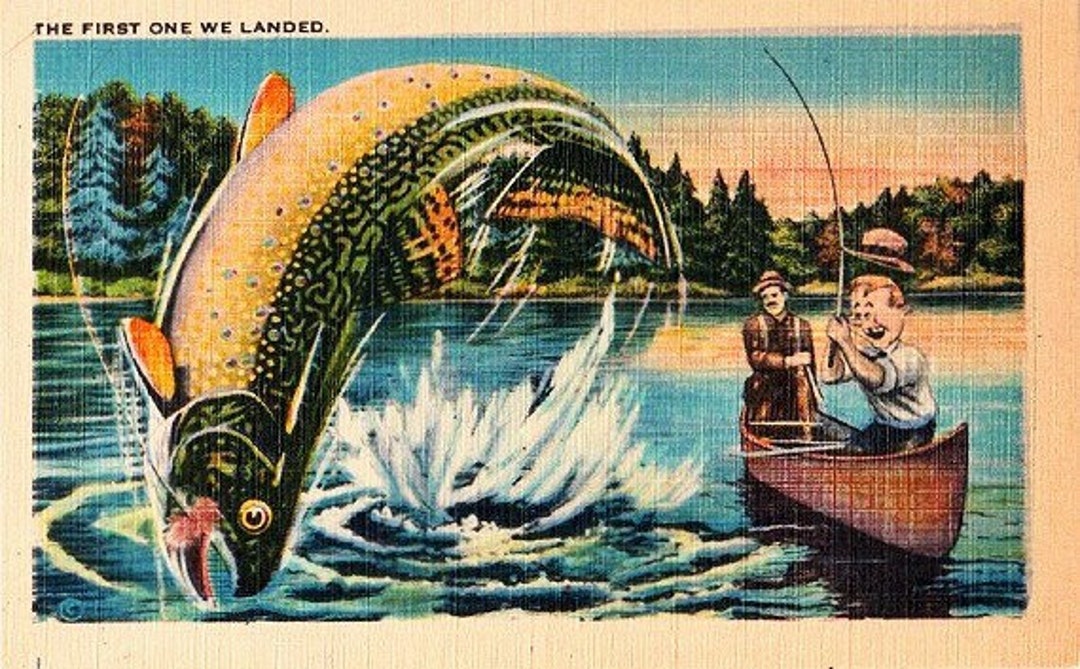 Vintage Vacation Postcard Gone Fishing ... the First One We Landed ...