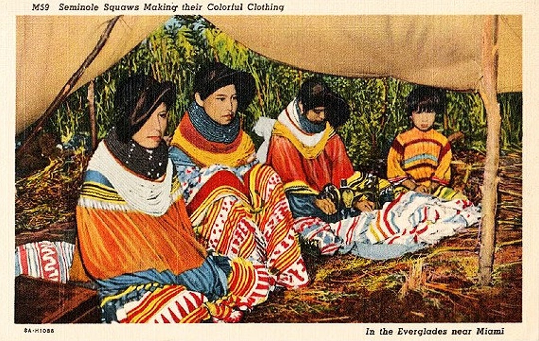 Vintage Florida Postcard Seminole Women Sewing in the Florida ...