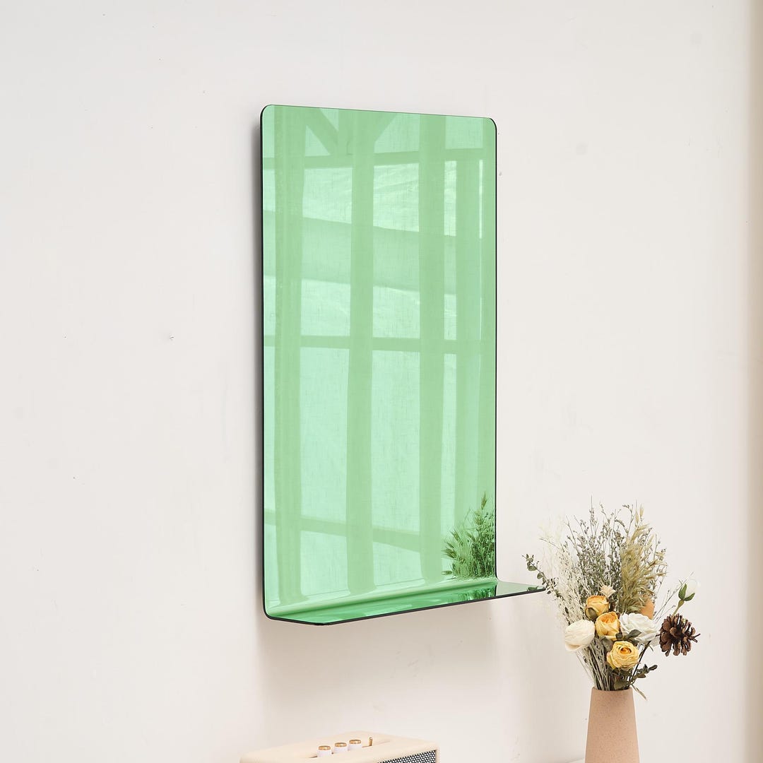 Retro Futurist L-shaped Mirror – Green Tinted Glass Wall Decor ...