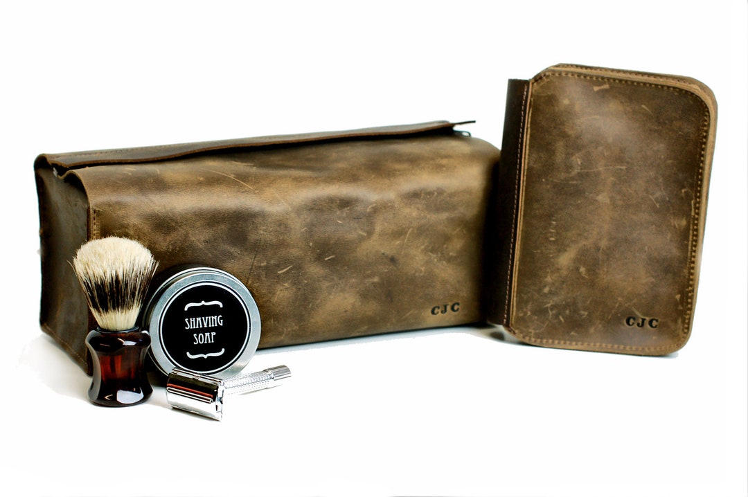 Men's Shaving Gift Set Leather Toiletry Bag and Shaving Kit Dopp Bag ...