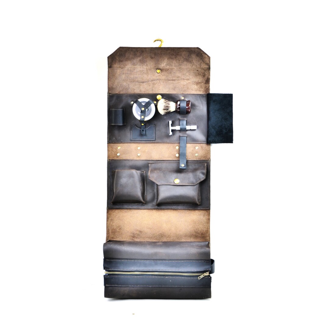 Leather Shaving Kit - Men's Leather Toiletry Roll - Military Wet Pack ...